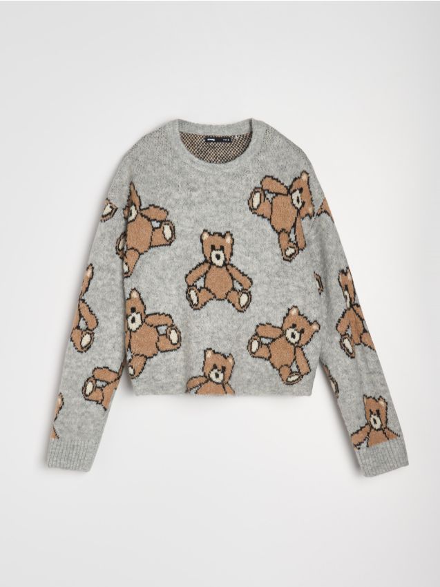 Wzorzysty sweter w misie Kolor szary - SINSAY - 337FJ-09J