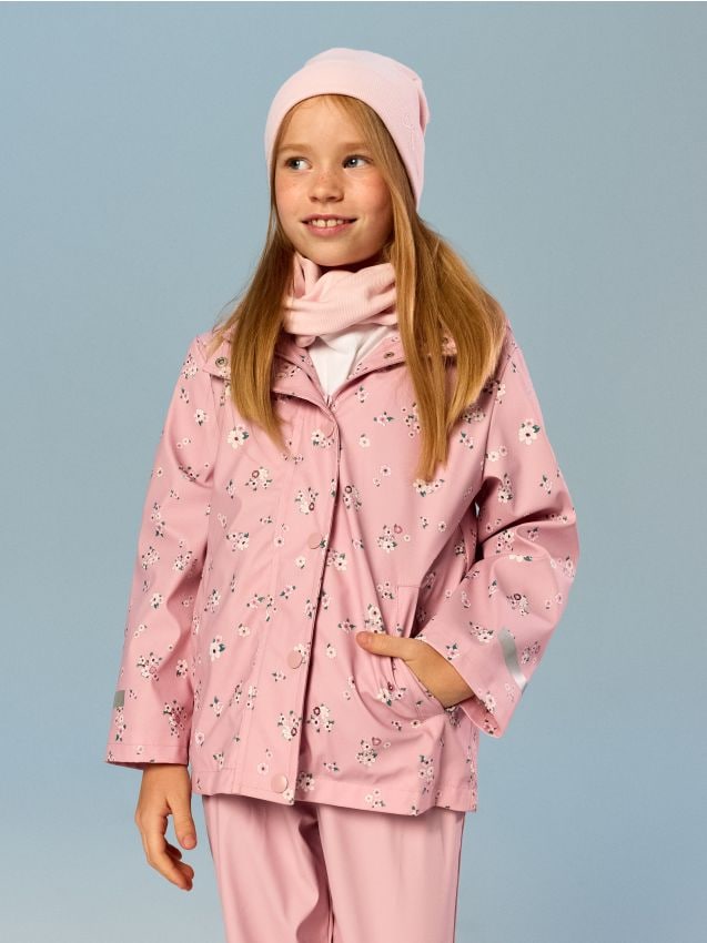 Jachetă de ploaie cu model floral, blăniță în glugă și elemente ...