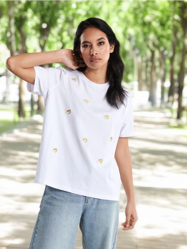 T-Shirt mit Stickereidetail Farbe Weiß - SINSAY - 8303J-00X