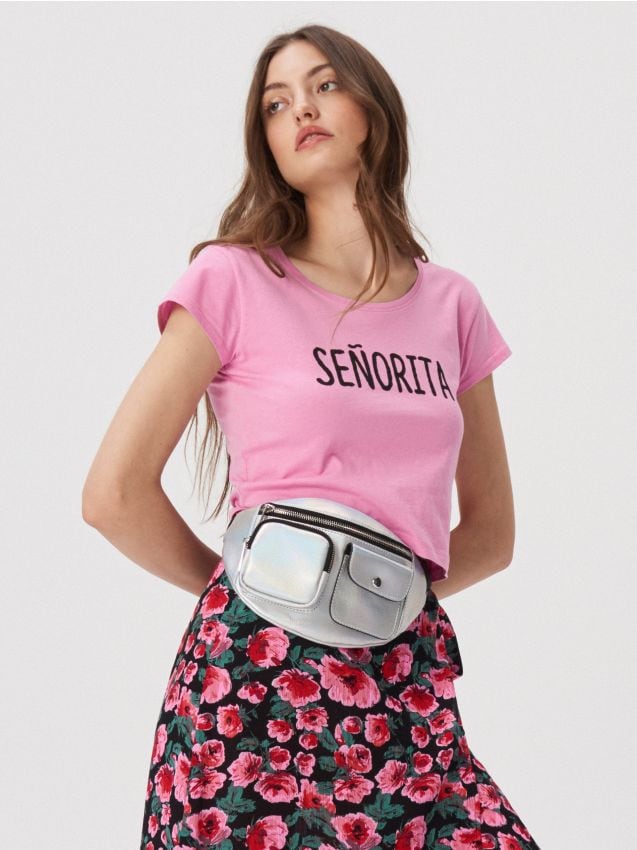 Tricou scurt cu text Culoare roz - SINSAY - VZ646-30X