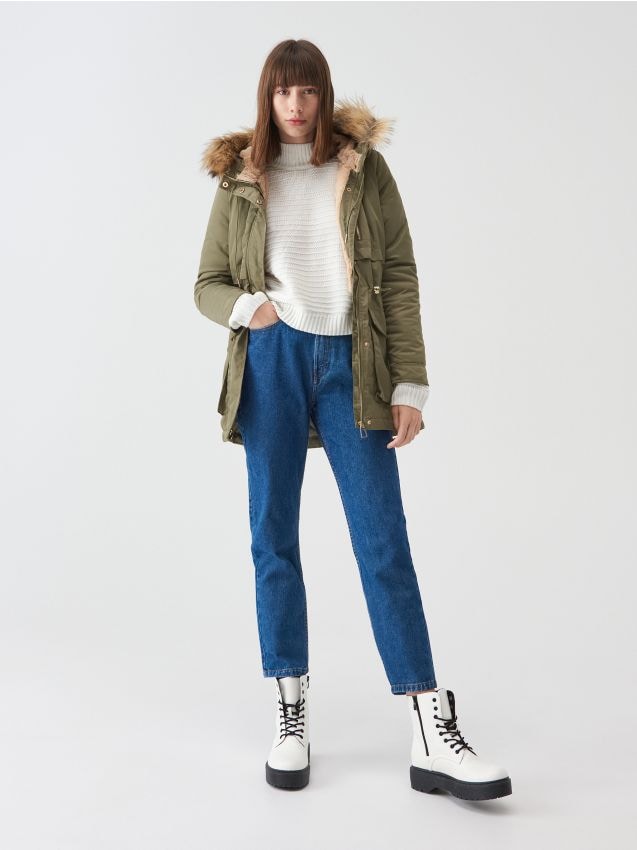 Długa parka z futerkiem Kolor zielony - SINSAY - YX133-81X