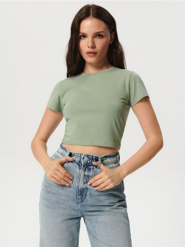 Tricou din bumbac Culoare verde-pal - SINSAY - YY678-07X